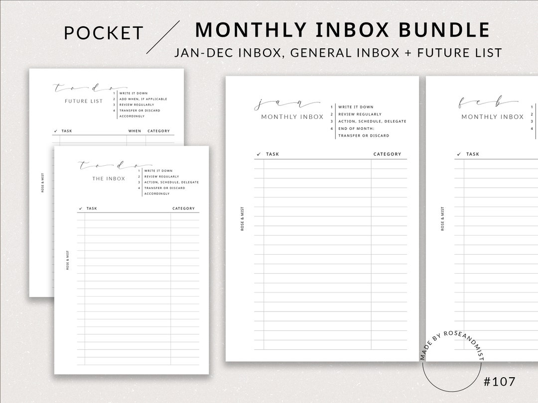 Monthly Inbox Bundle | Pocket Printable Planner - Inbox Checklist ...