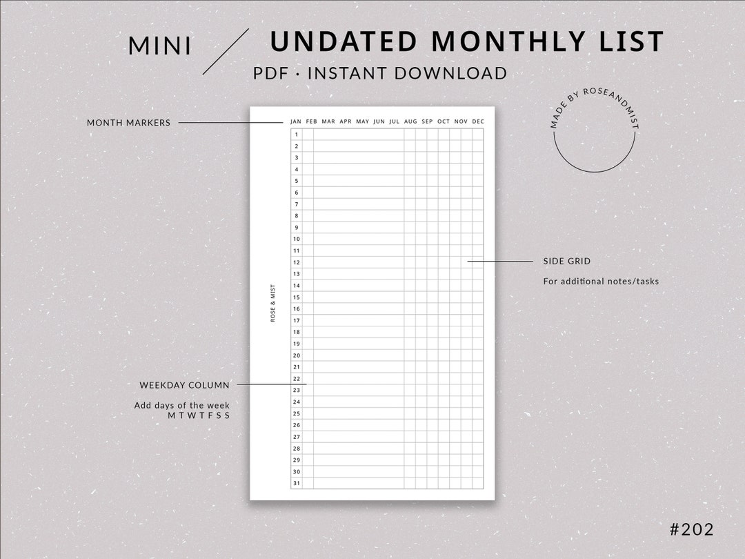 Mini Monthly Planner List MO1P Undated | Filofax Mini Printable Planner ...