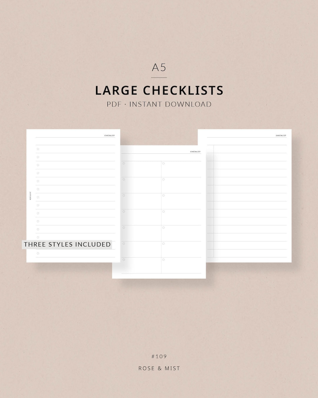 Large Checklists | A5 Printable Planner - to Do List, Inbox, Brain Dump ...