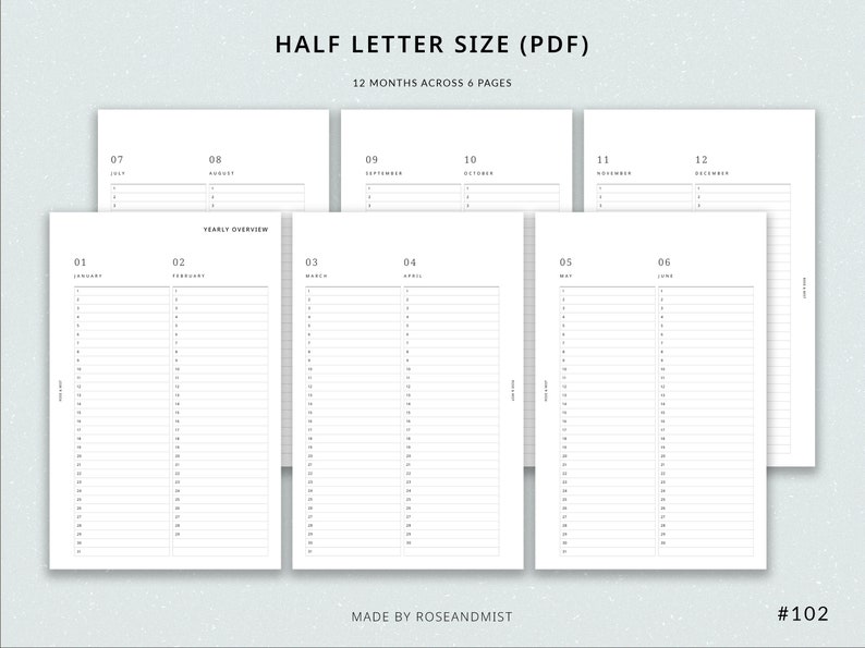 Yearly Overview Half Letter Printable Planner Half Letter | Etsy