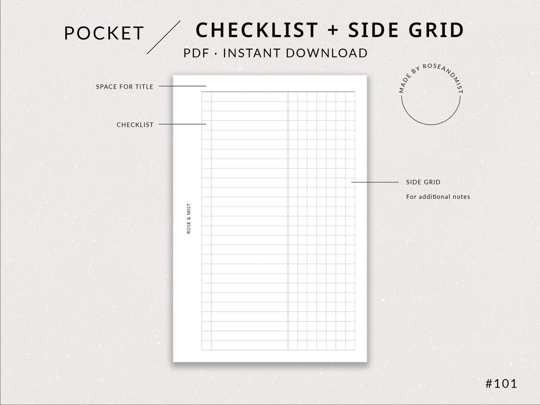 Pocket Checklist With Side Grid Notes Pocket Printable Planner to Do ...