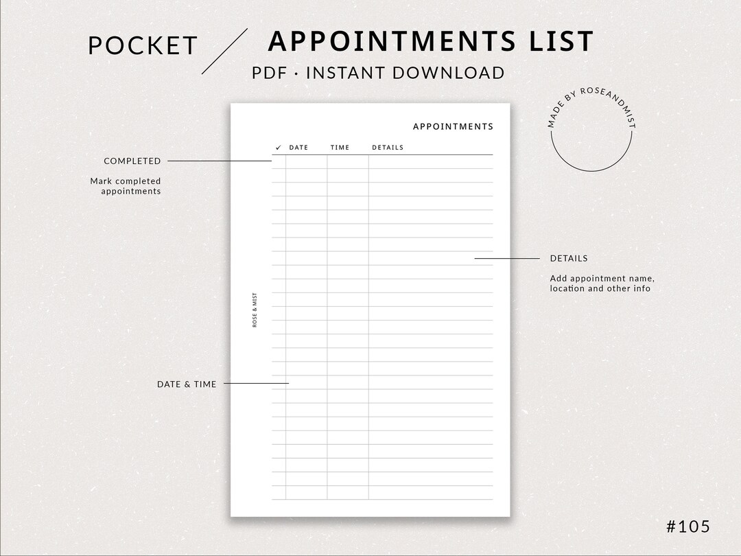 Appointments Insert | Pocket Printable Planner - Appointments List ...