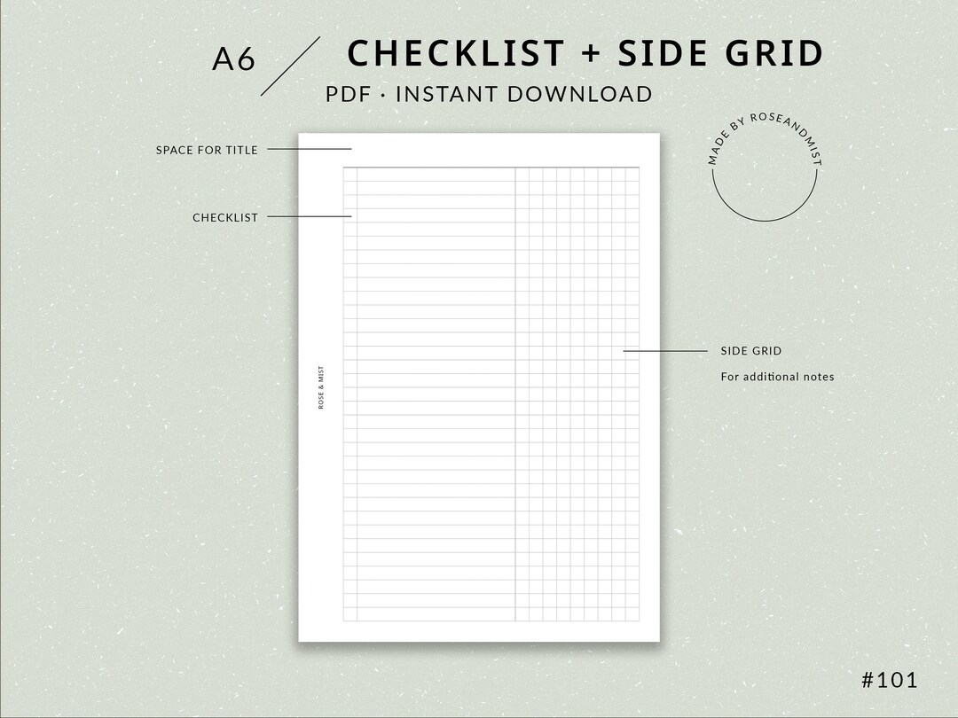 A6 Checklist With Side Grid Notes | A6 Printable Planner - to Do List ...
