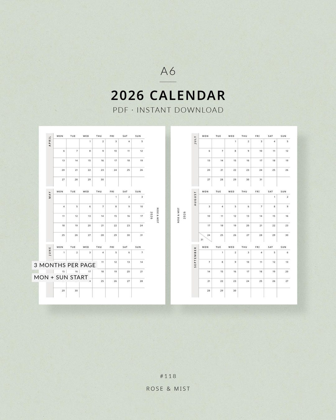2026 Calendar, A6 Printable Planner - Dated 2026 Planner, Calendar Year ...
