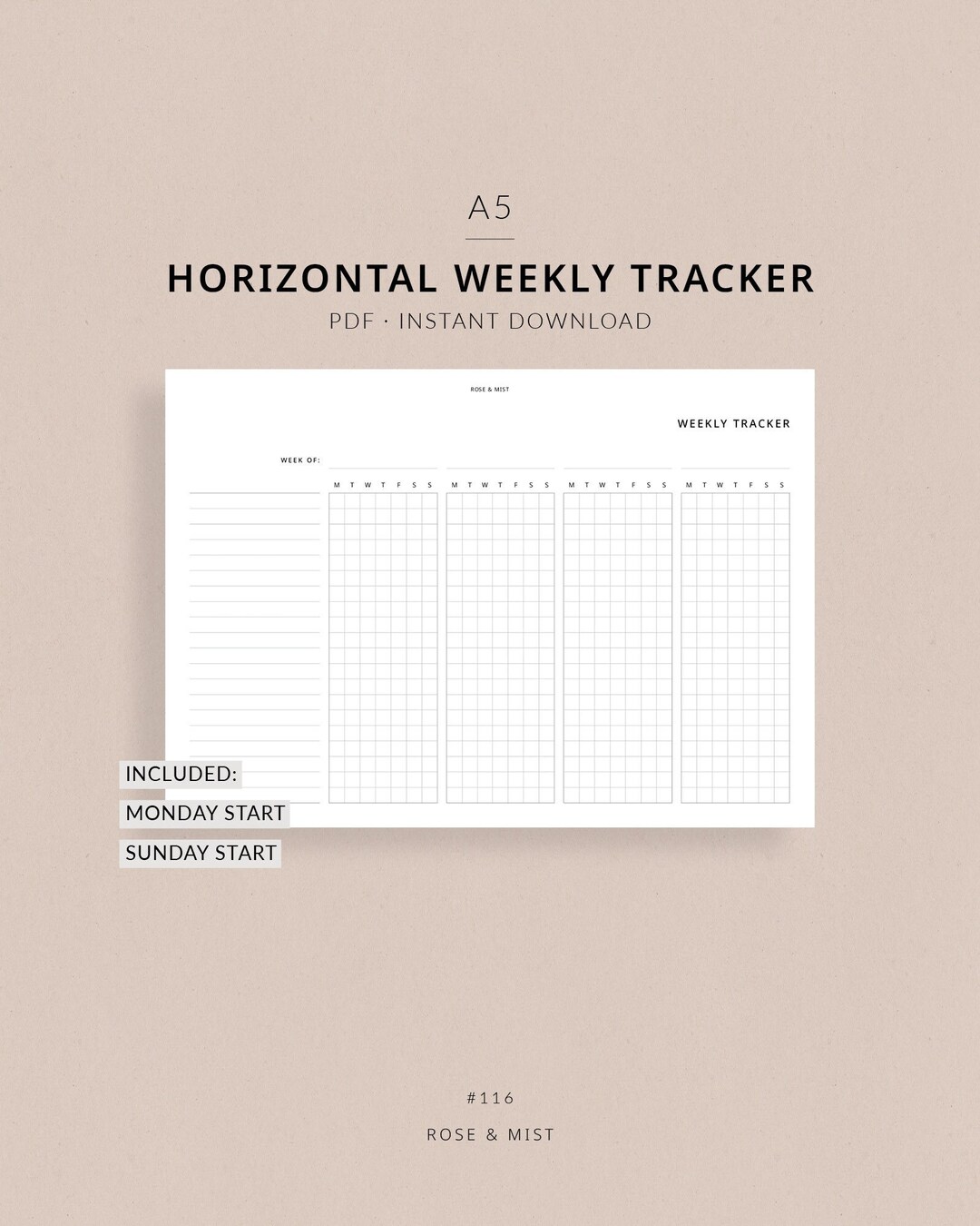 Weekly Tracker Horizontal | A5 Planner Printable - Weekly Task Tracker ...