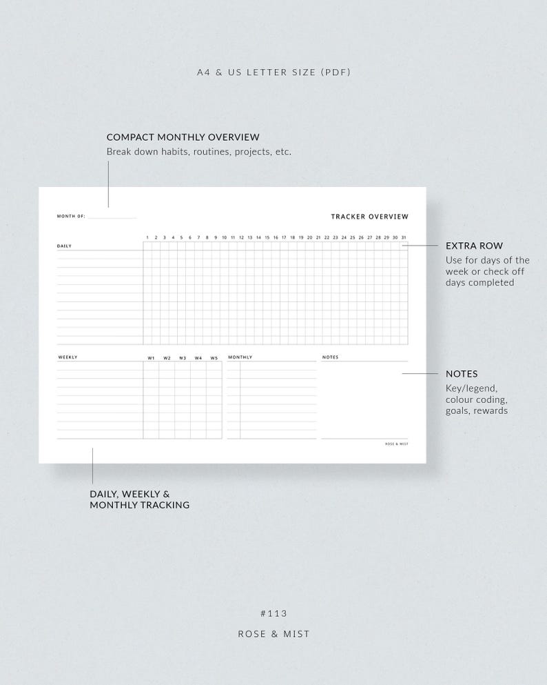 Monthly Tracker Overview A4 & US Letter Planner Printable Daily Weekly ...