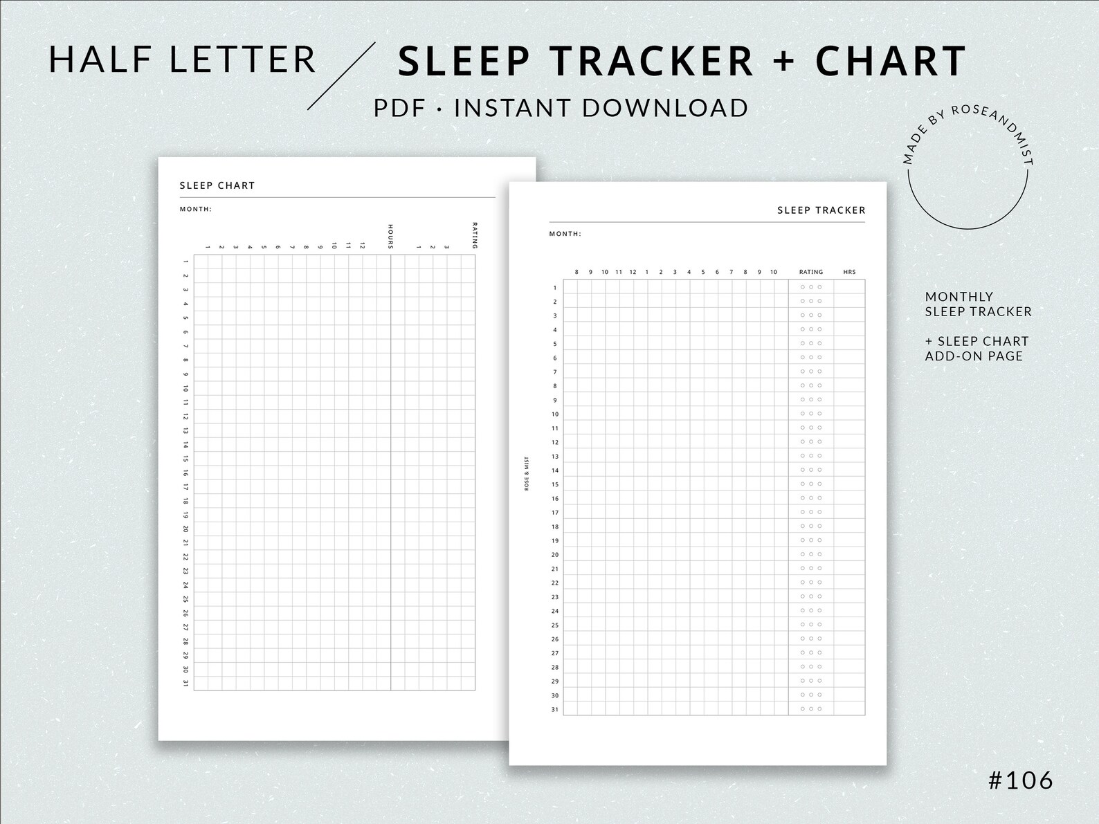 Sleep Tracker + Sleep Chart | Half Letter Printable Planner - Sleep Log ...