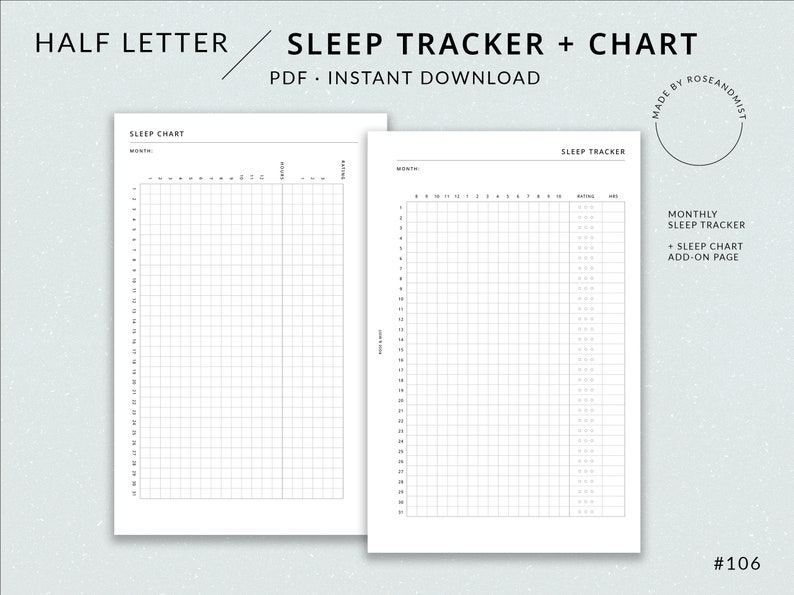Sleep Tracker Sleep Chart Half Letter Printable Planner Sleep Log ...
