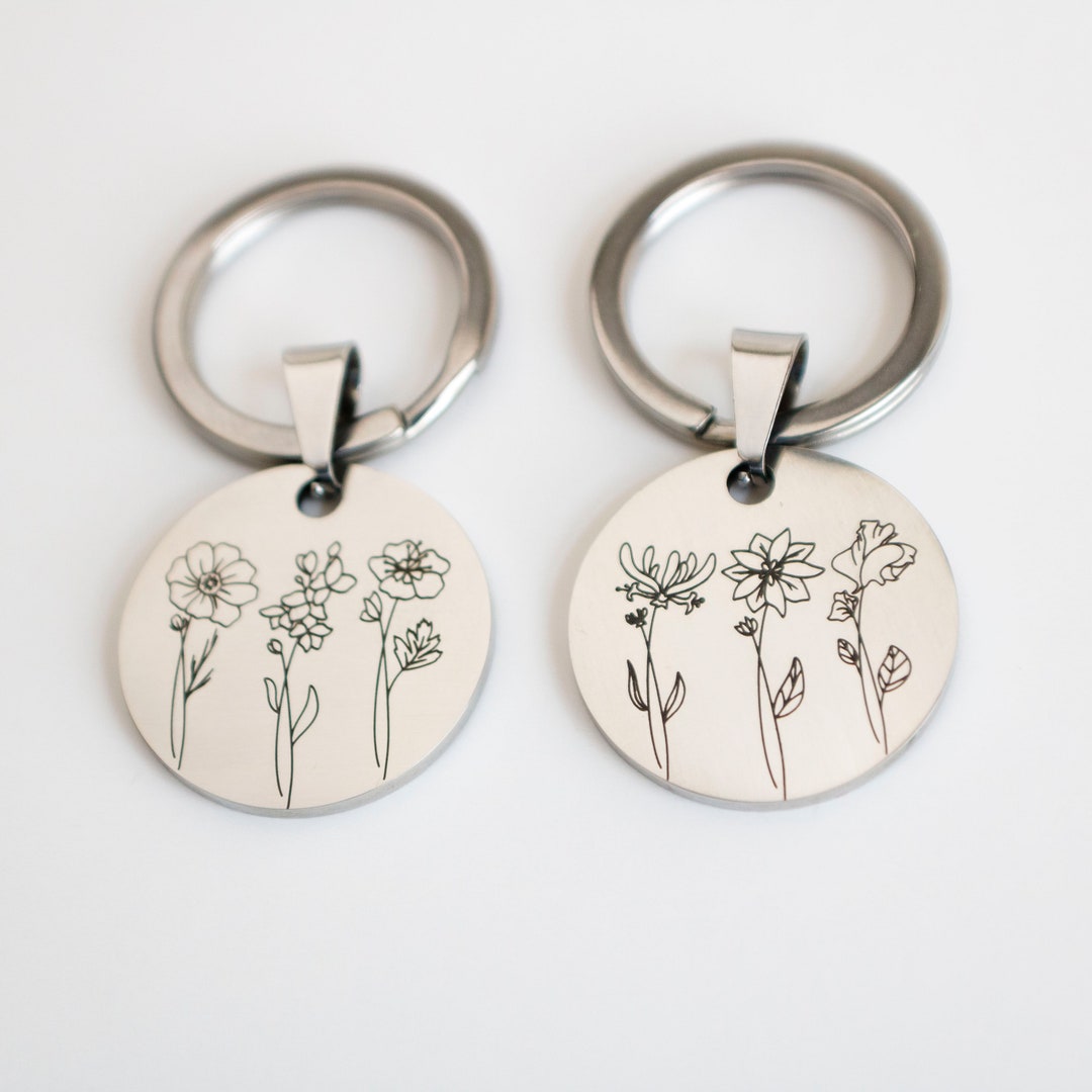 Birth Flower Keychain: Personalized Stainless Steel Floral Keyring - Etsy