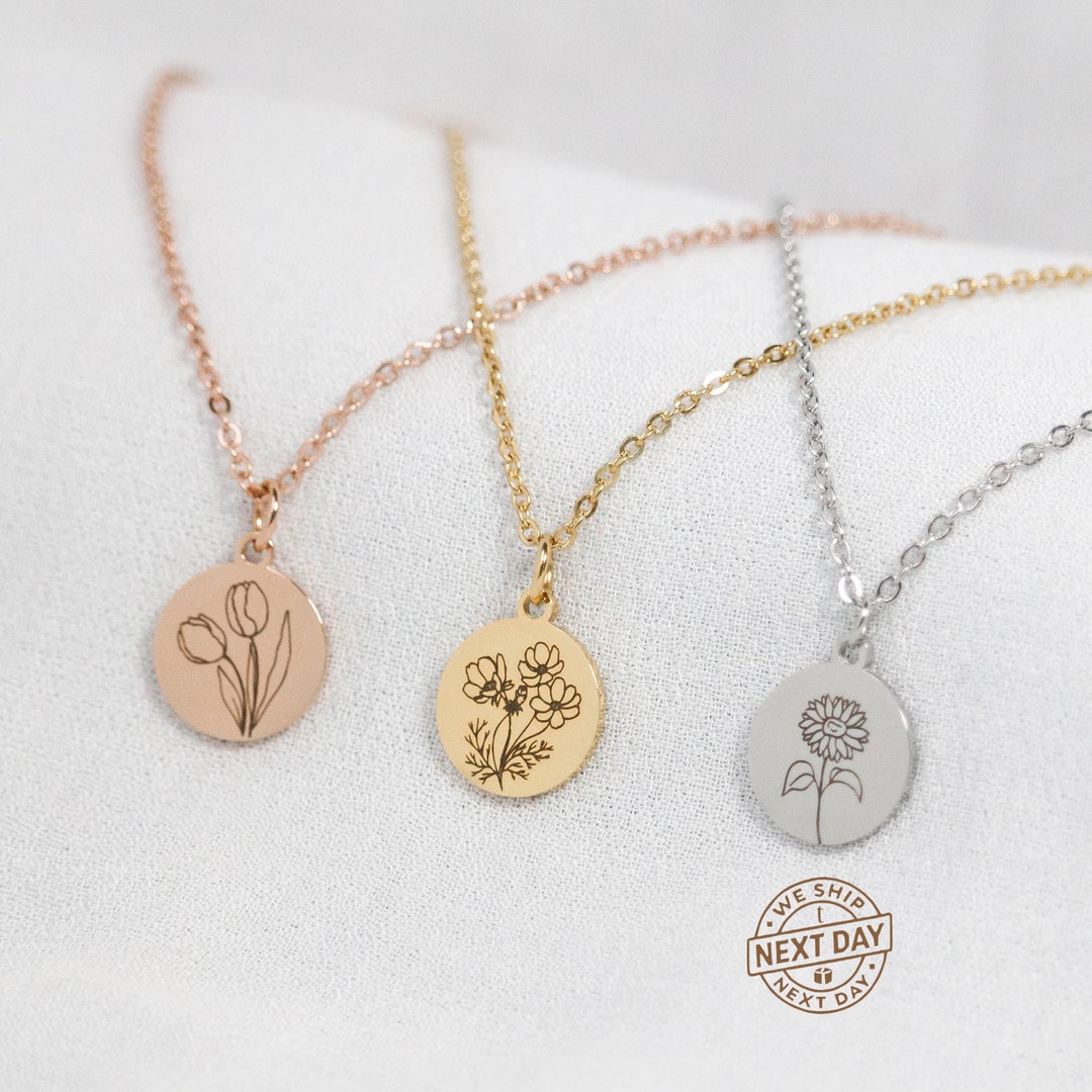 Personalized Birth Flower Necklace, Engraved Floral Pendant, Gold ...