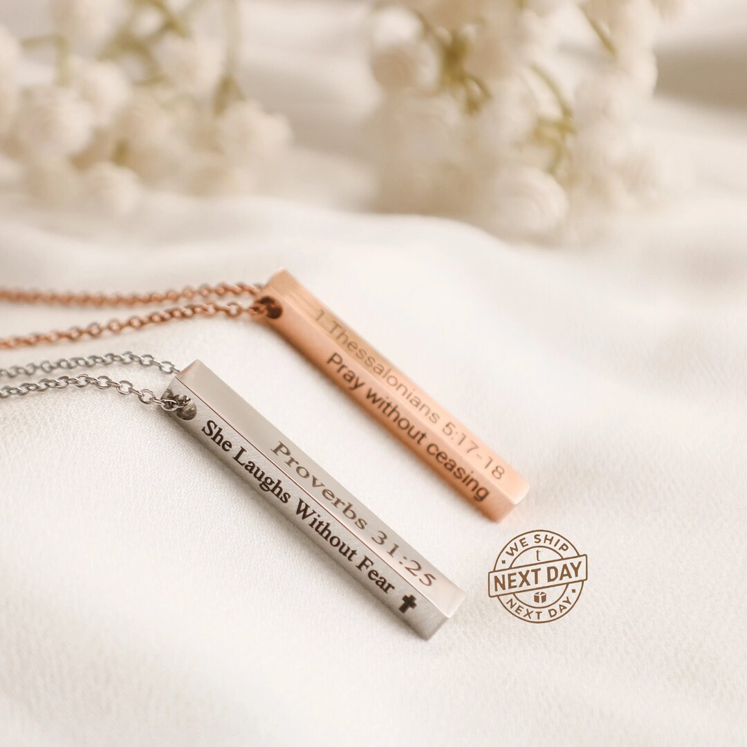 Bible Verse Necklace for Woman, Custom Vertical Bar Pendant, Bible ...