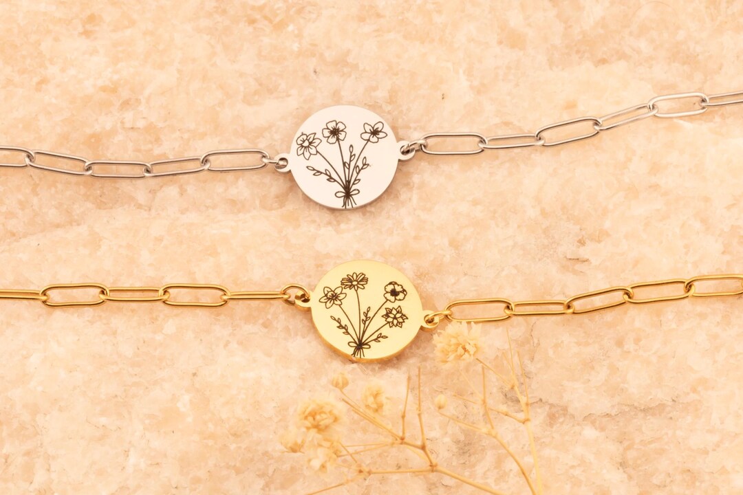 Custom Birth Flower Bouquet Bracelet: Paperclip Chain Floral Jewelry - Etsy