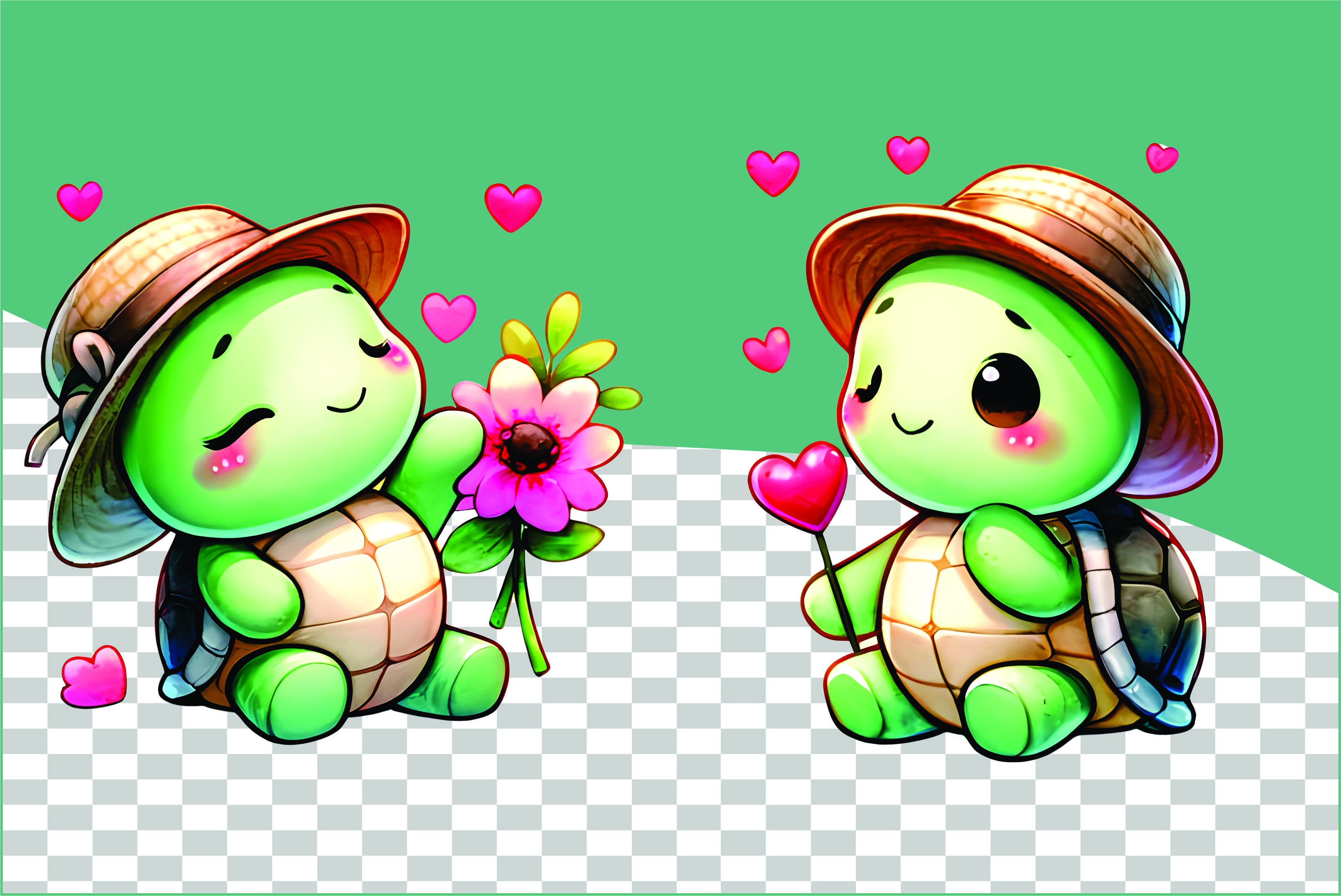 Turtle in Love Holds a Heart, and Wears a Hat Decorated With Flowers ...