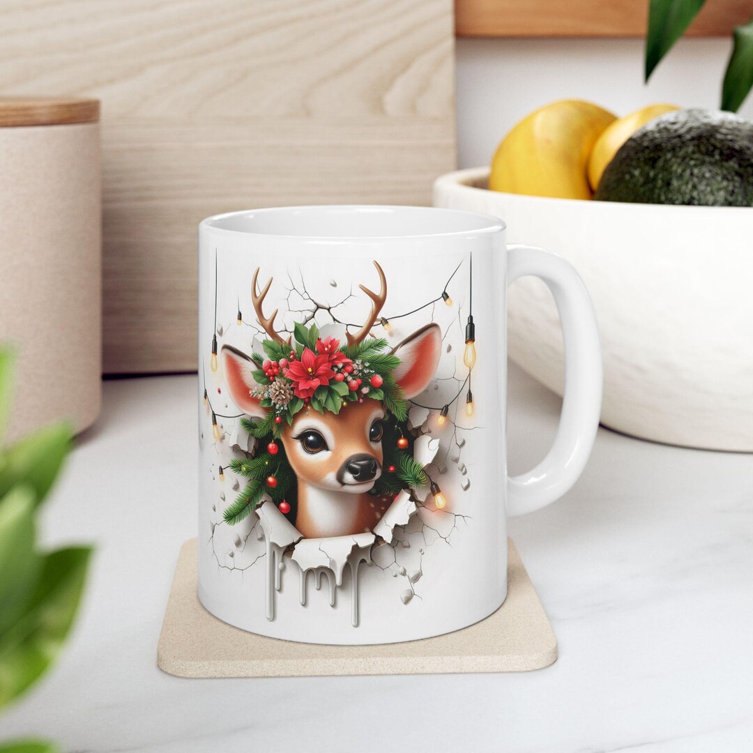 3D Christmas Reindeer Mug, Holiday Coffee Cup, Festive Hot Chocolate ...