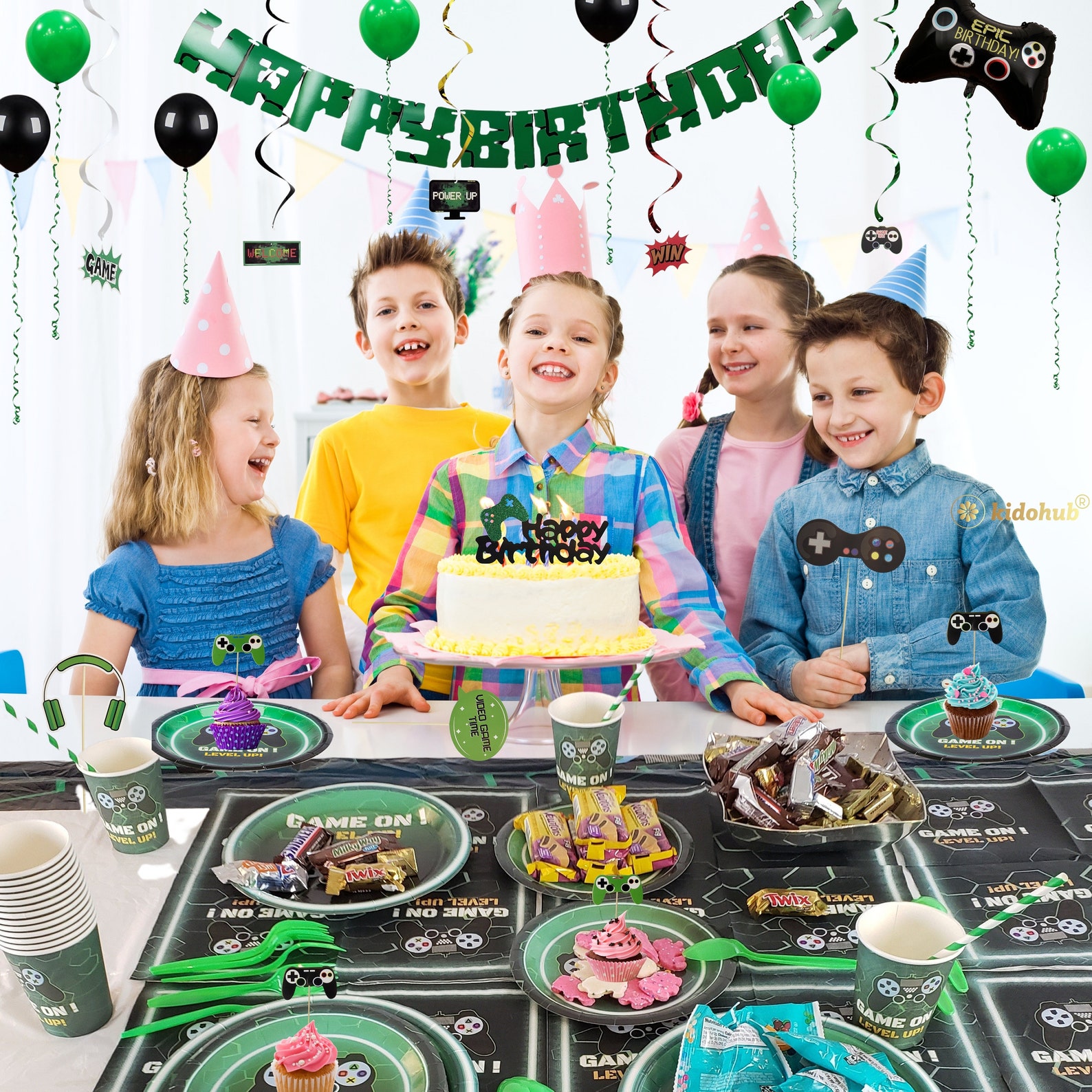 Kidohub Video Game Party Supplies 2 in 1: Decorations & Tableware, Table Cover, Banner, Balloons ...