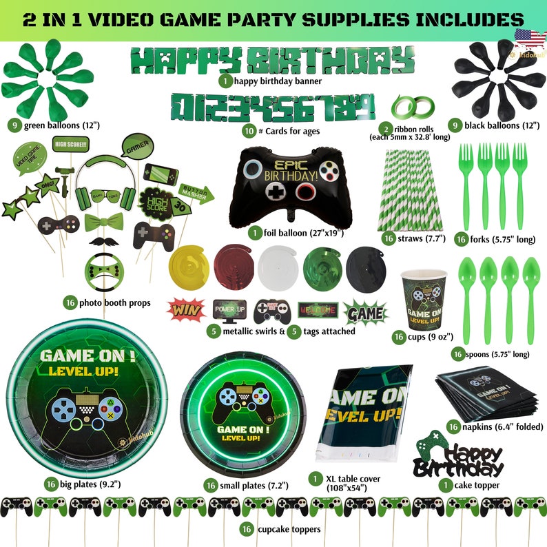 Kidohub Video Game Party Supplies 2 in 1: Decorations & Tableware ...