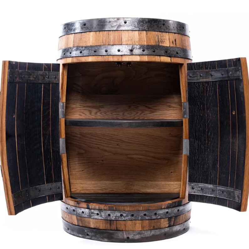 Rustic Whiskey Bar Barrel Cabinet for Bottle & Glass Display | Corner ...