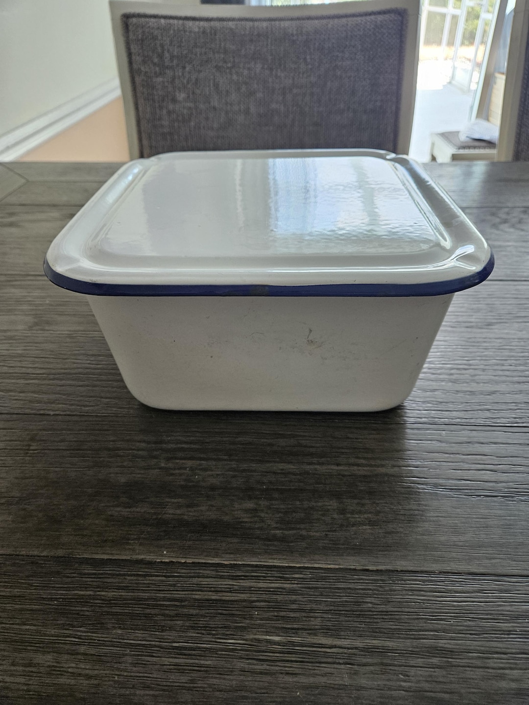 Vintage Enamelware Large Square Dish With Lid, White With Blue Trim - Etsy