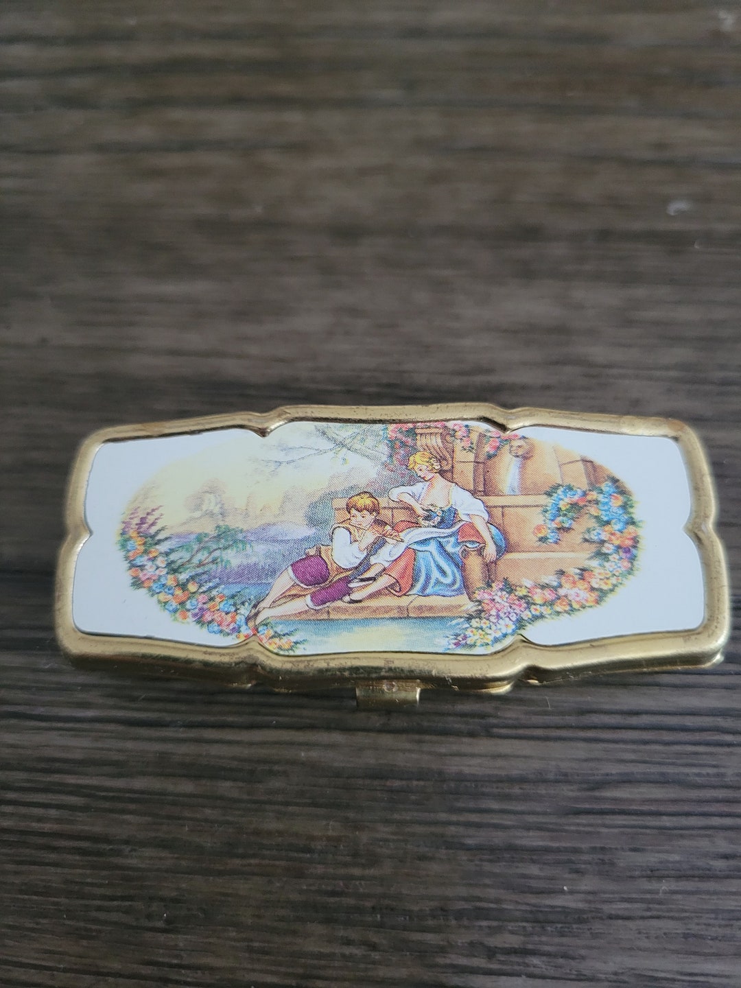 Vintage Glass Pill Container With Brass Lid and a Victorian Picture on ...