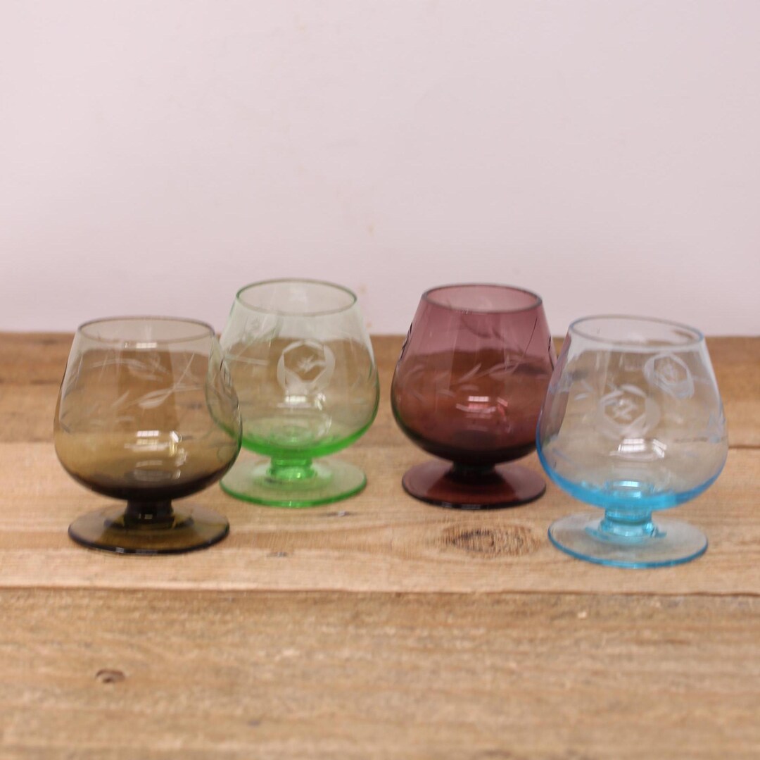 4 Small MCM Colored Etched Design Brandy Snifters / Snifter Glasses - Etsy