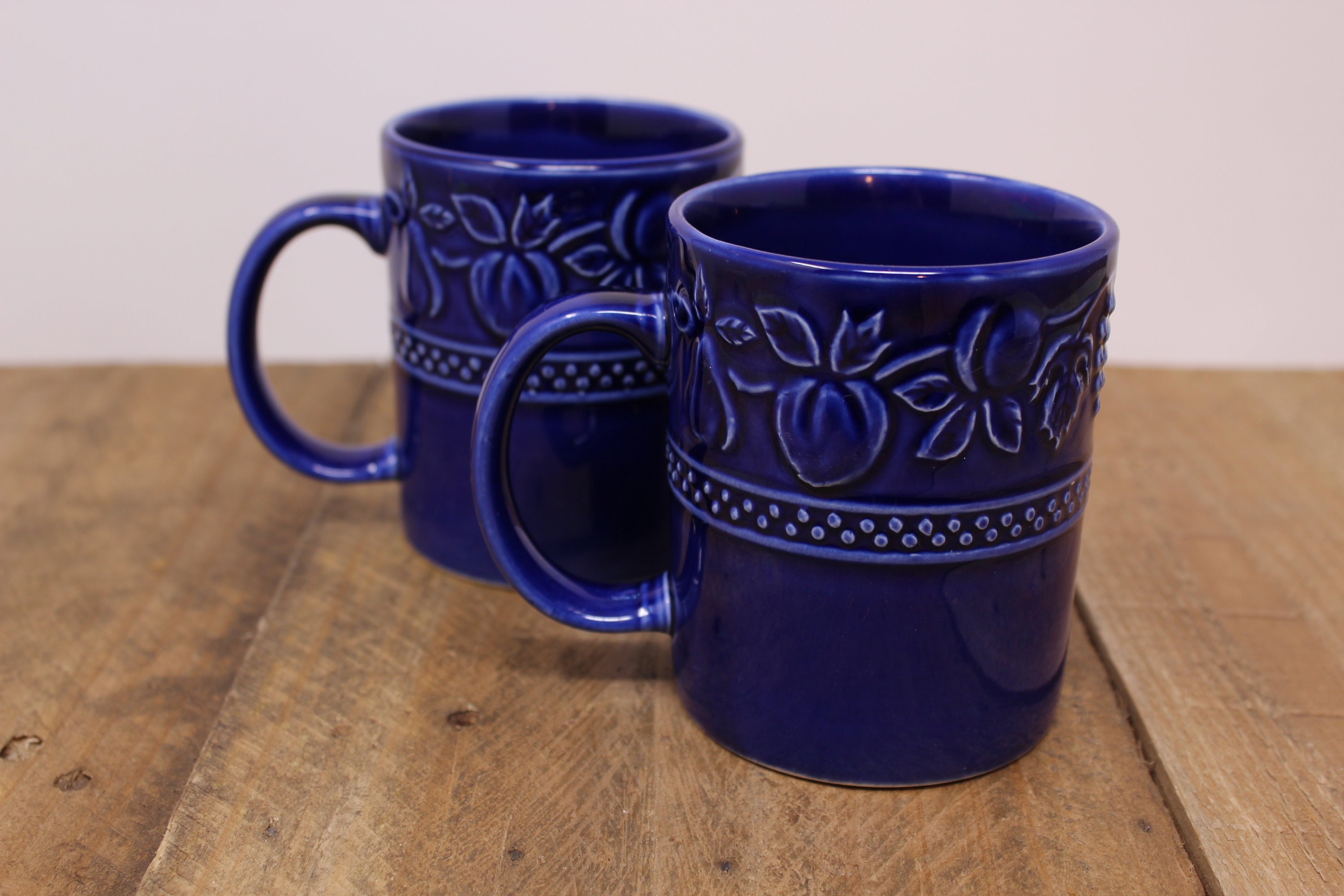 2 Cobalt Blue Coffee Mugs With Raised Grape Design - Etsy