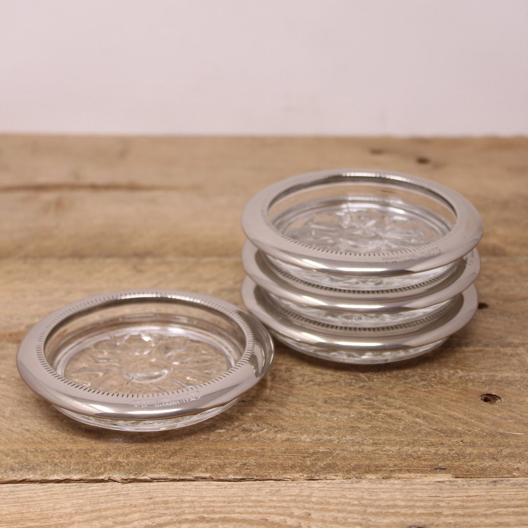 4 Vintage Primrose Plate Glass Cocktail Coasters - Silver-plated Italy ...