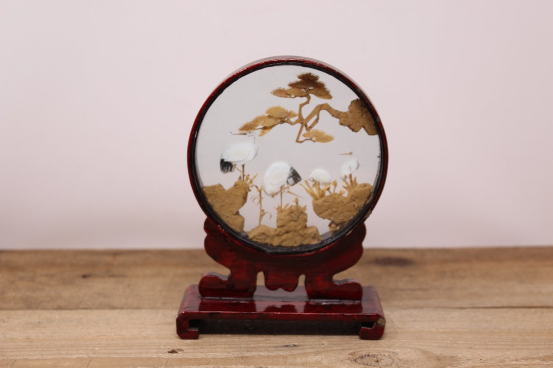 Vintage Round Chinese Hand Carved Cork Diorama / Scene With Brown / Red ...