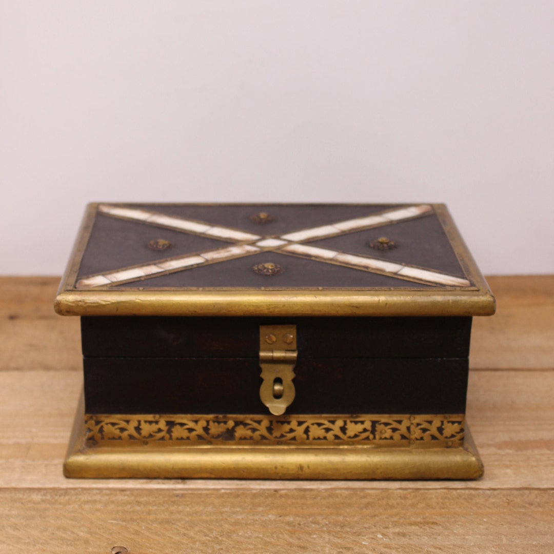 Vintage Wooden Chest Jewelry Box With Brass Decor and Inlaid Mother of ...