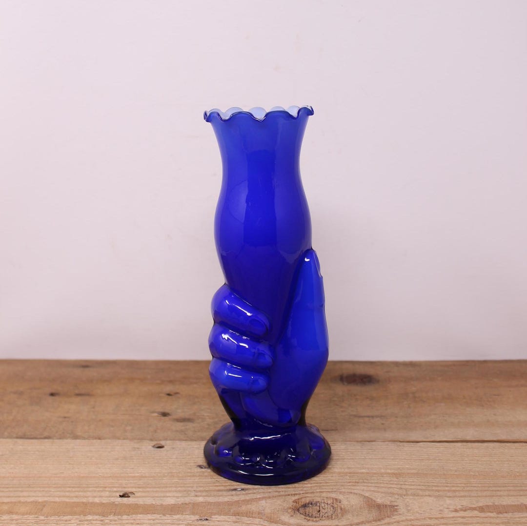 Vintage Cobalt Blue White Cased Hand Shaped Vase With Ruffled Rim - Etsy