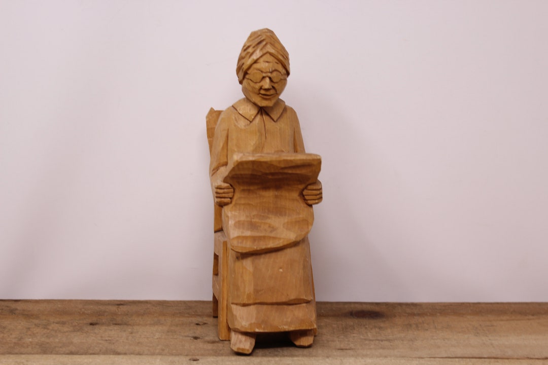 Vintage V. Fortin Carved Figurine Old Woman Reading Newspaper - Etsy