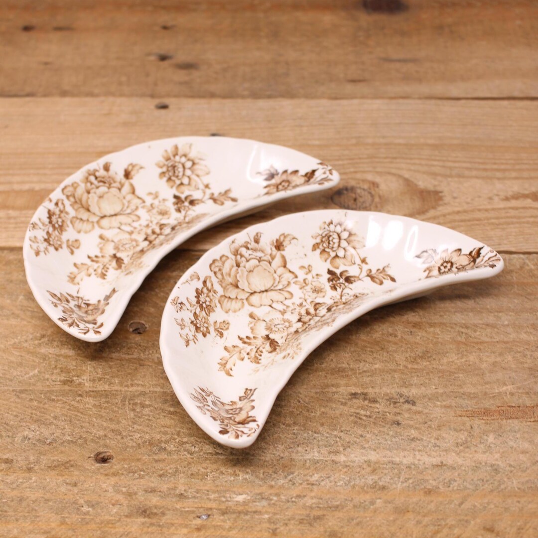 2 Antique Brown Floral - Crown Devon / Fieldings Bone Plates / Crescent ...