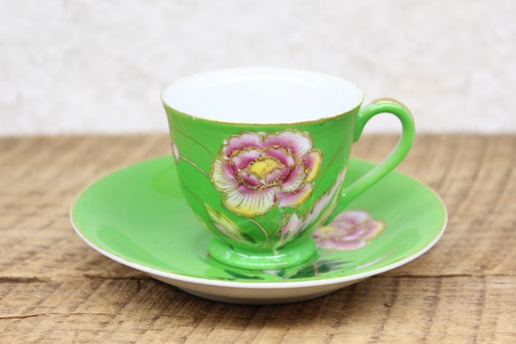Small Green & Pink Floral Ohashi China Teacup and Saucer - Etsy