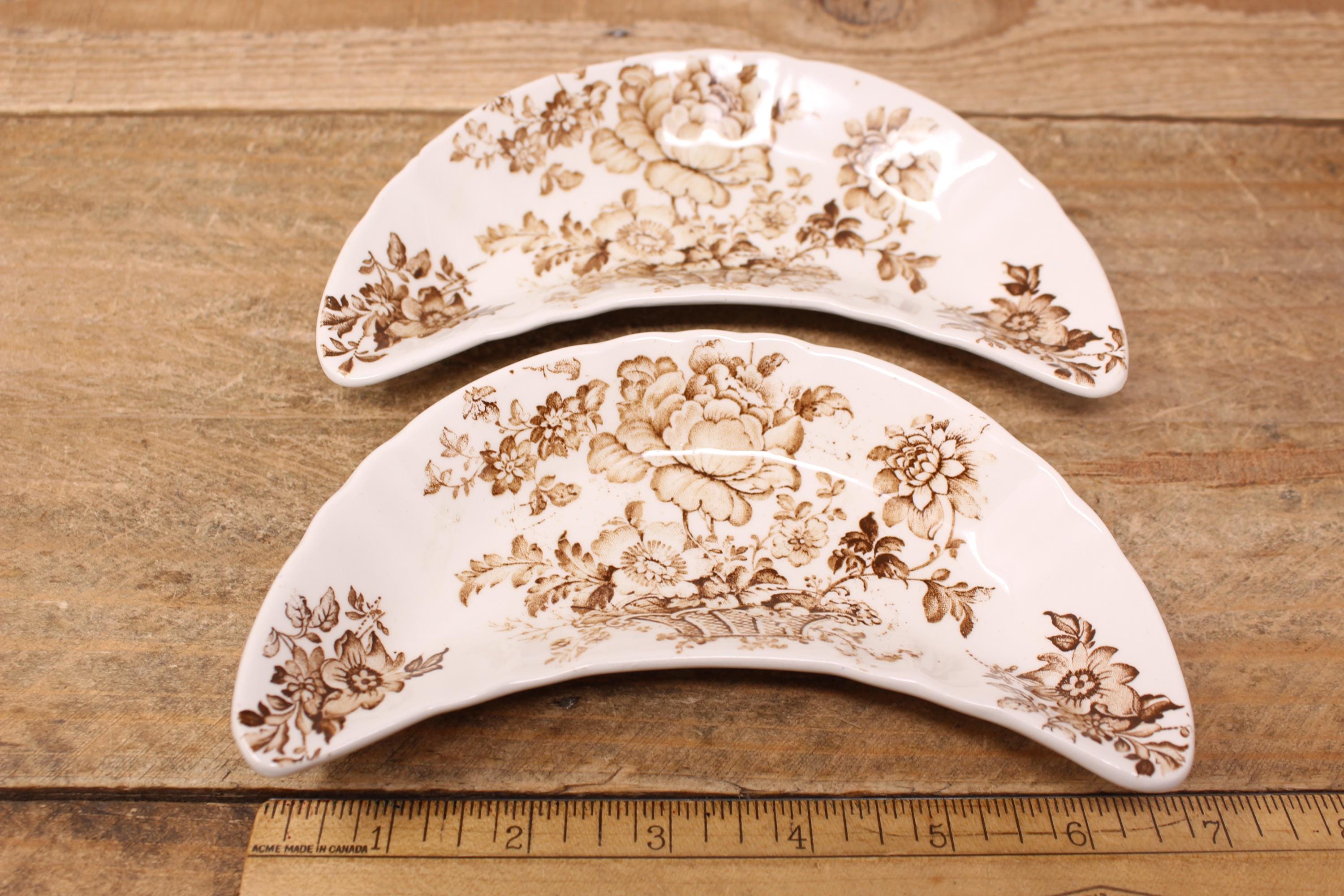 2 Antique Brown Floral - Crown Devon / Fieldings Bone Plates / Crescent ...