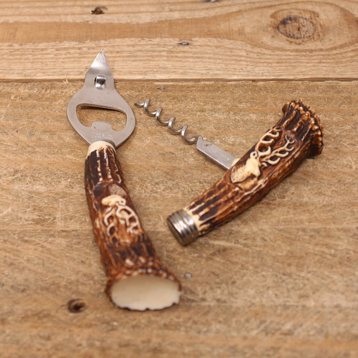 Vintage Faux Antler Corkscrew & Bottle Opener / Can Piercer With Deer ...