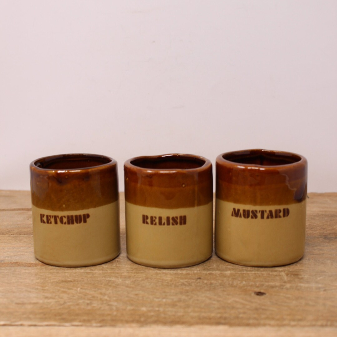 Vintage Brown Stoneware Condiment Cups - Set of 3 - Mustard, Relish and ...