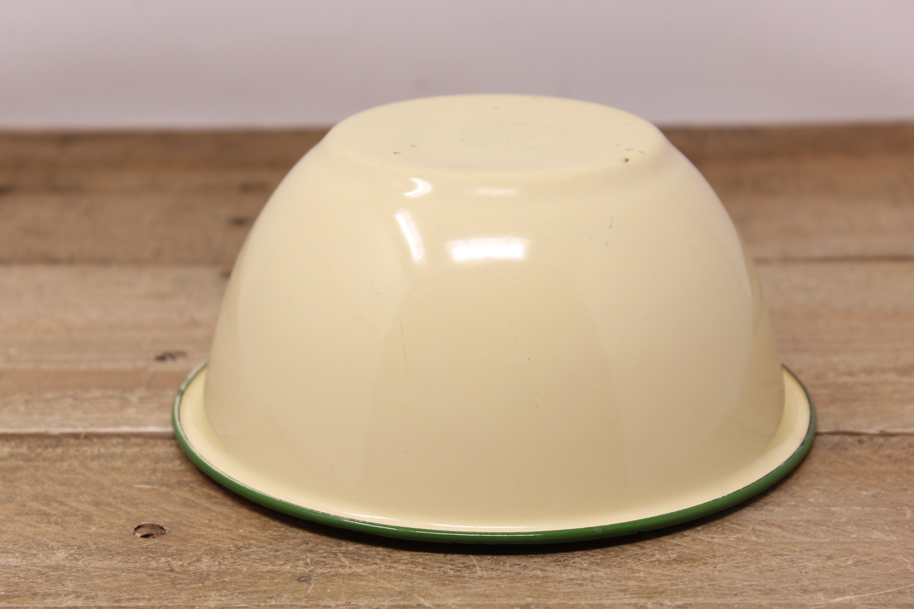 Vintage Goldfish Brand - Enamelware Bowl - Beige With Green Rim - Etsy