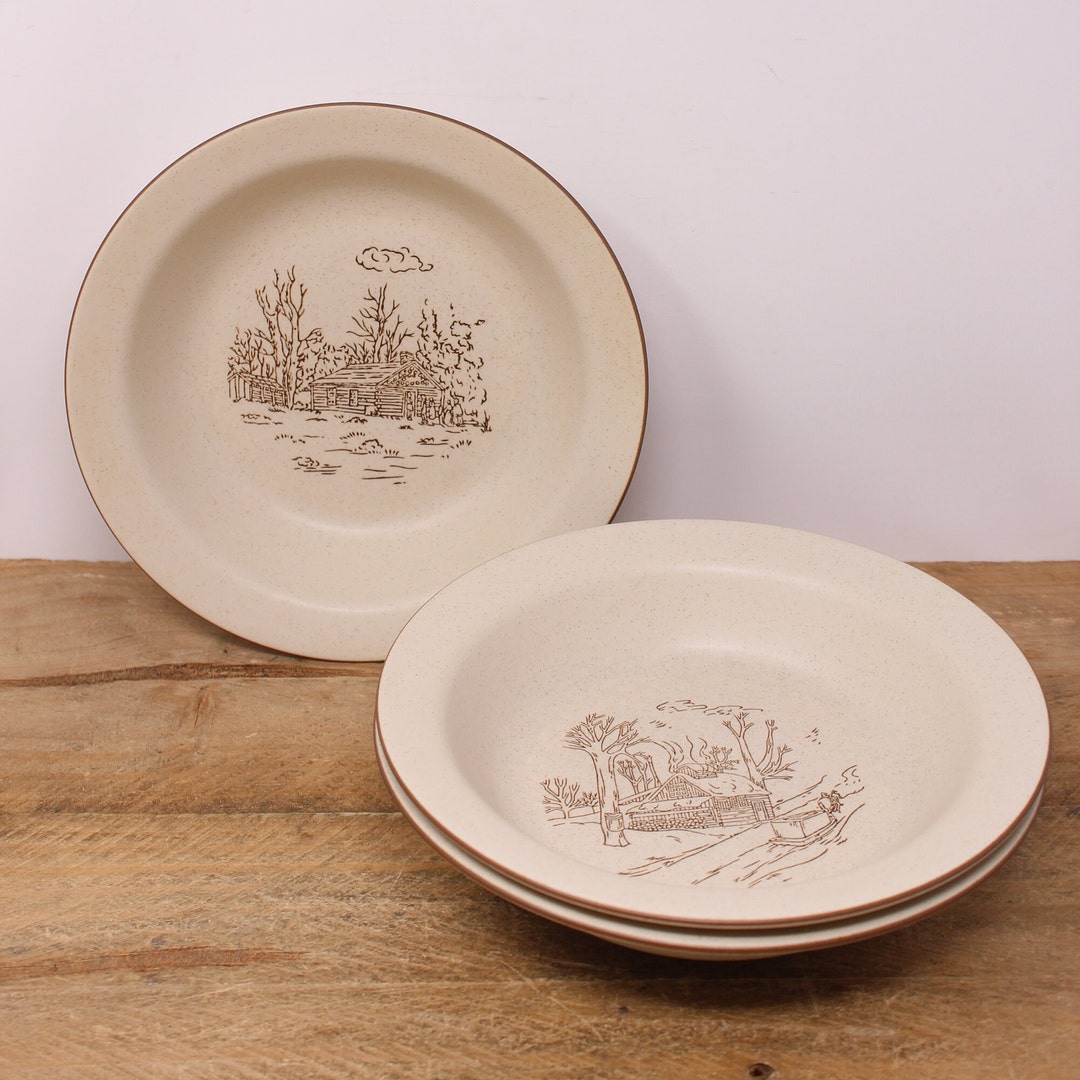 3 Vintage Manoir Collection Cabin in Snow / Log Cabin Rimmed Soup Bowls ...