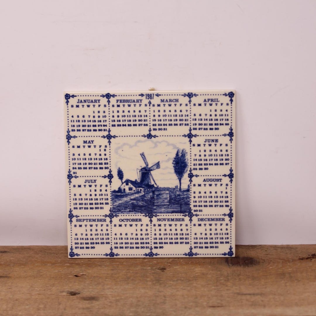Vintage Delft Style Blue Windmill Square Ceramic 1987 Calendar Tile ...