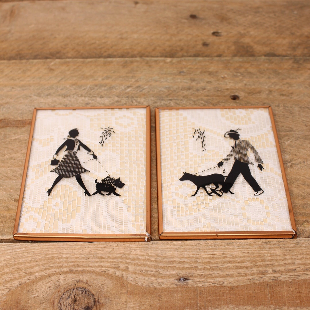 2 Convex Glass Silhouette Art Dog Walkers Reverse Painting on Bubble ...