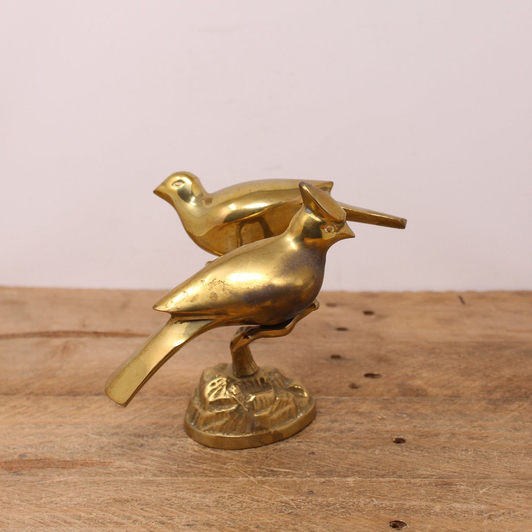 Vintage Brass Birds Sculpture - 2 Brass Birds Perching on a Branch ...