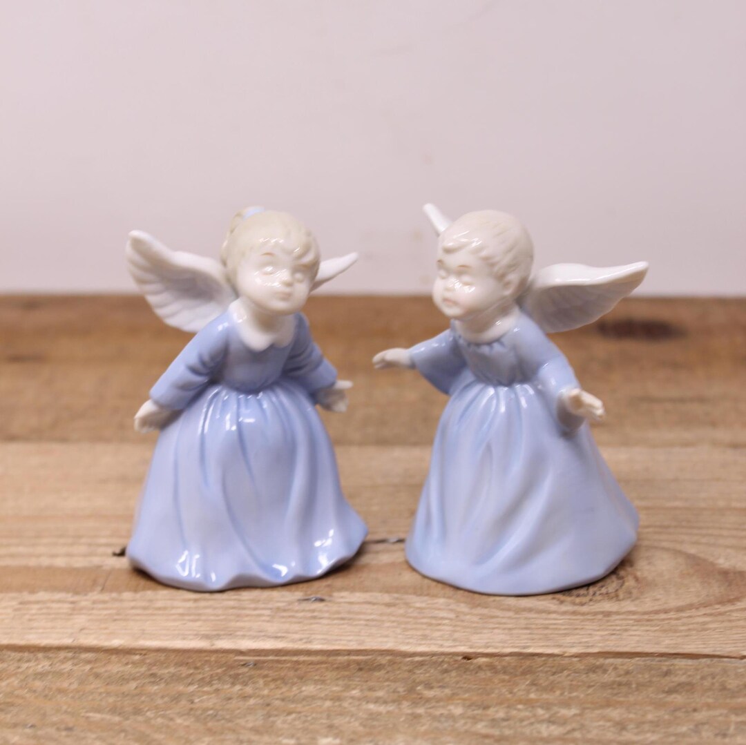 2 Vintage Lefton Ceramic Kissing Angels Bell Figurines - Blue and White ...