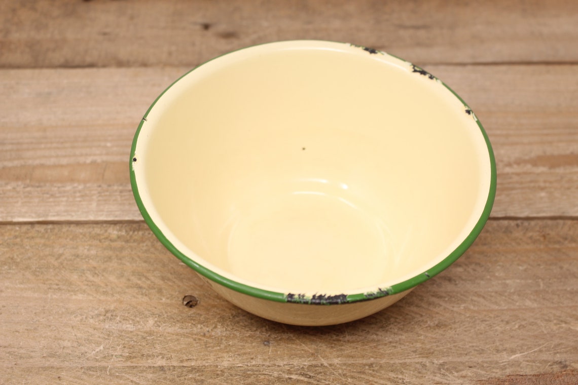 Vintage Goldfish Brand - Enamelware Bowl - Beige With Green Rim - Etsy