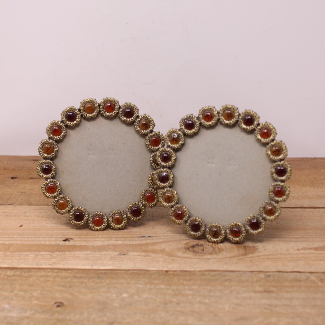 2 Vintage Round Brass Photo Frames Decorated With Brown Stones - Etsy