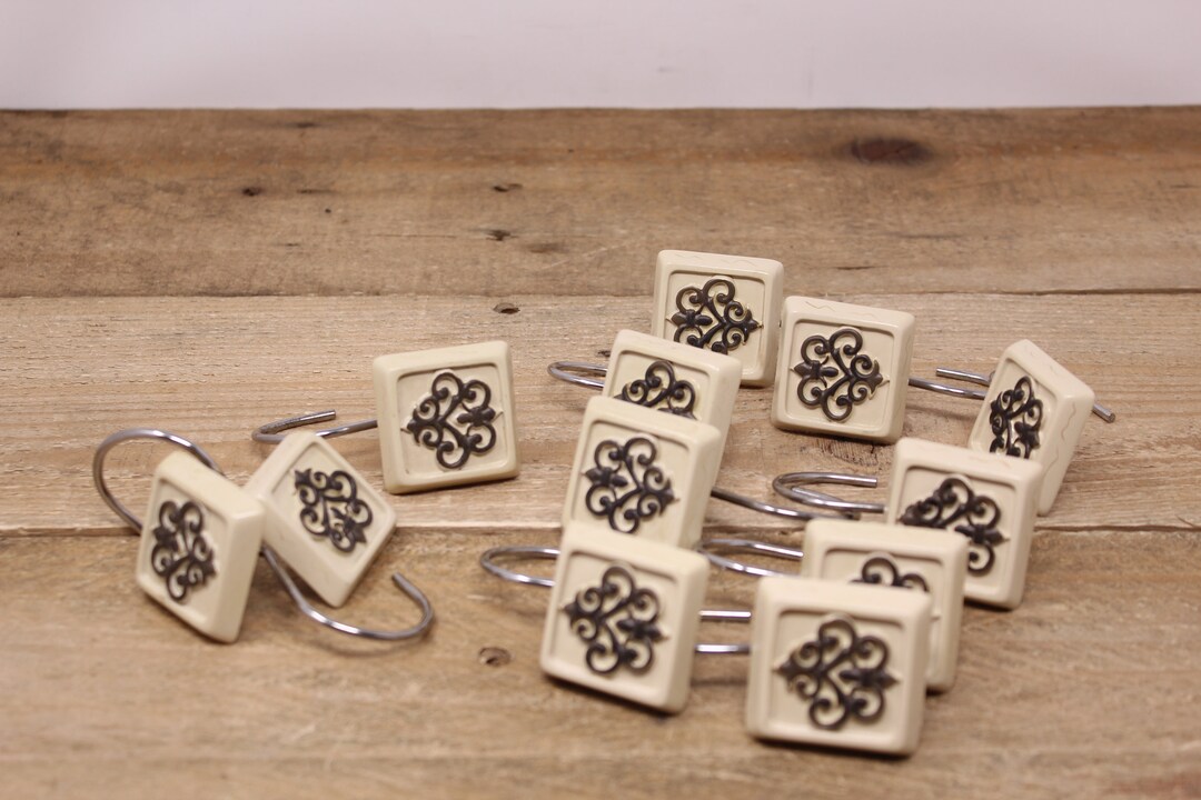 12 Square Beige Resin Shower Curtain Hooks With Brown Scroll Design - Etsy