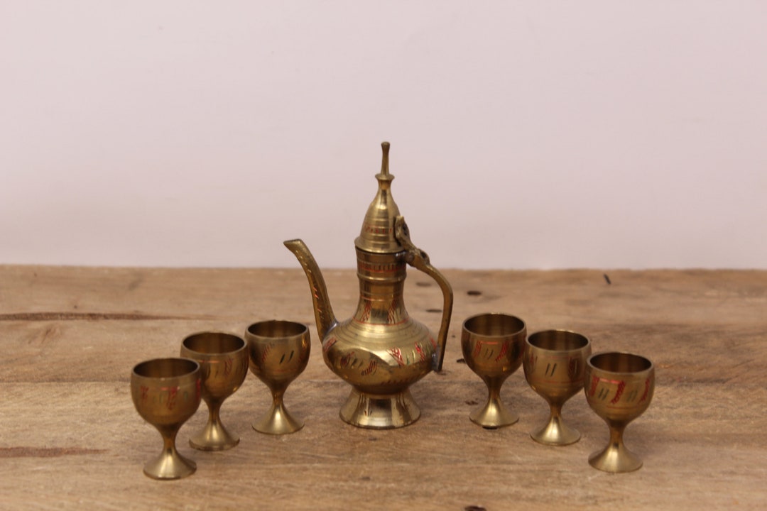 Antique Miniature Brass Wine Surahi With 6 Goblets - Etsy