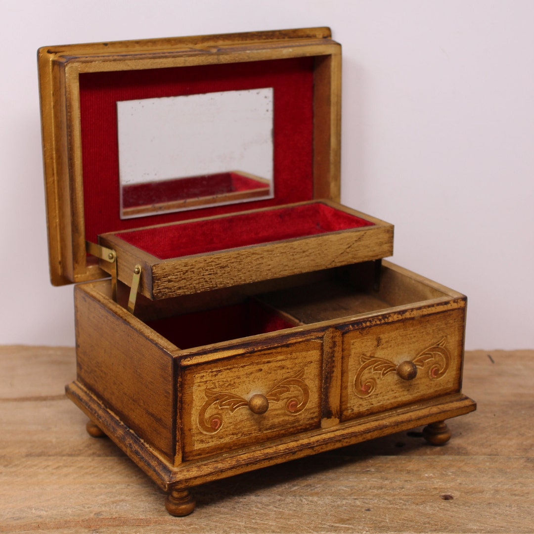 Vintage Florentine Style Wooden Jewelry Music Box - Decorated With Gold ...