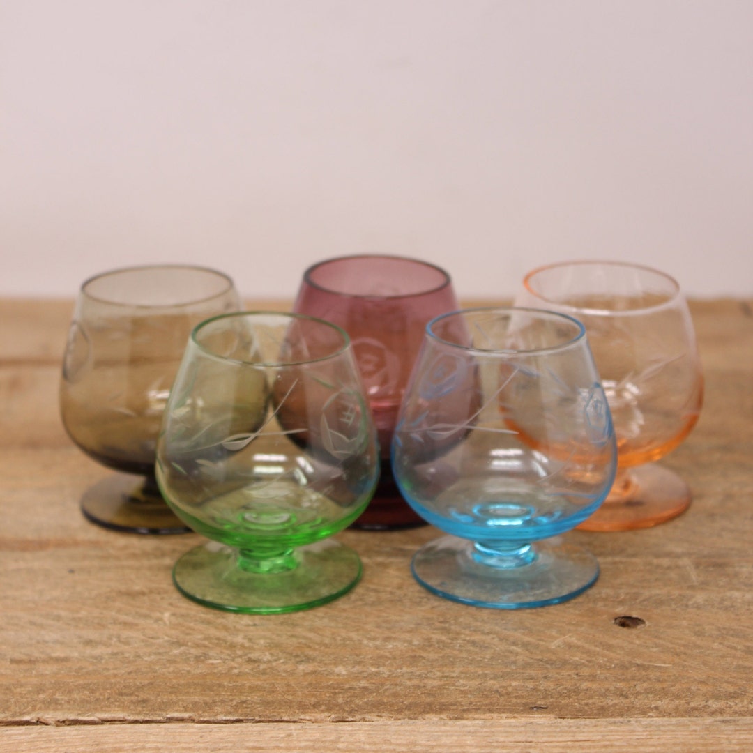 5 Small MCM Colored Etched Design Brandy Snifters / Snifter Glasses - Etsy