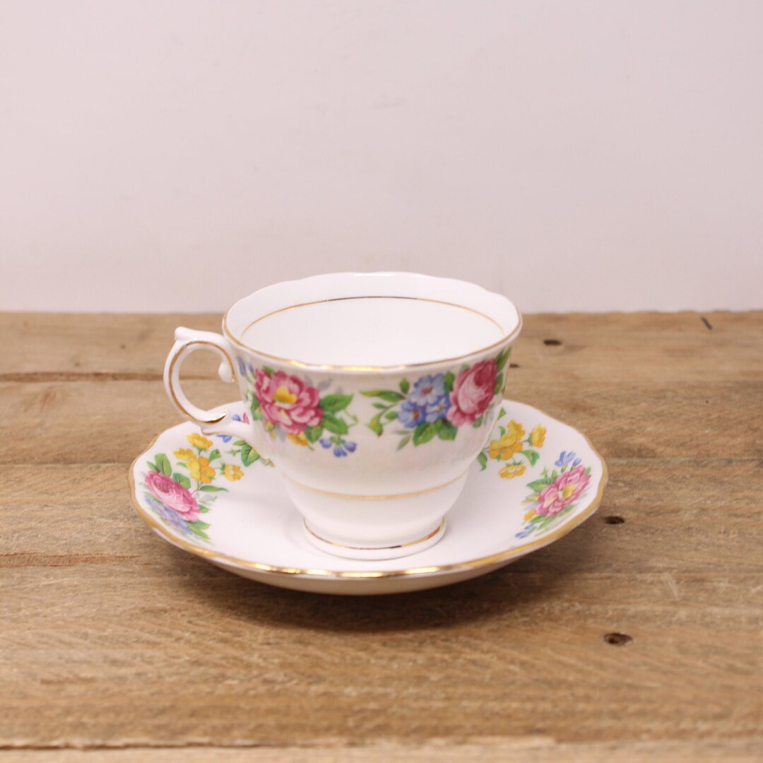 Colclough - Bone China Cup & Saucer – Pink/yellow/blue Floral Pattern ...