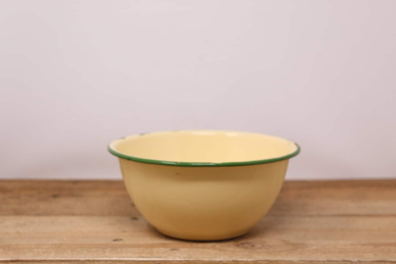 Vintage Goldfish Brand - Enamelware Bowl - Beige With Green Rim - Etsy