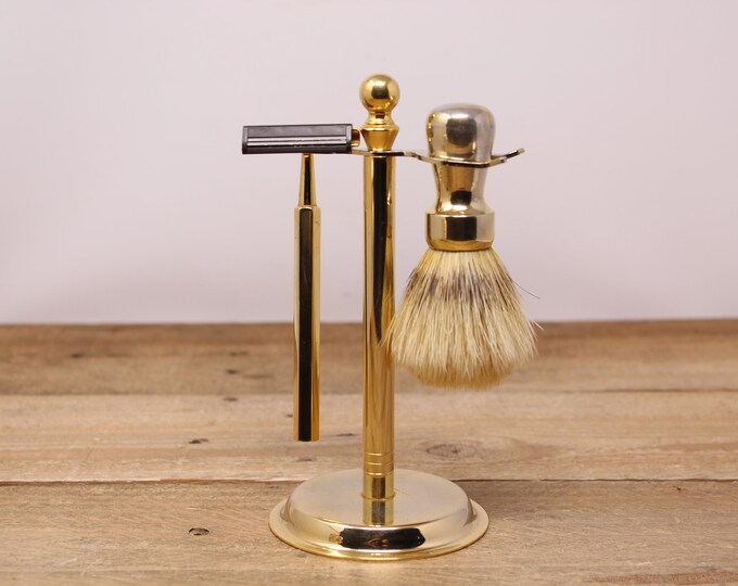 Vintage Brass Shaving Stand With Razor and Shaving Brush - Etsy